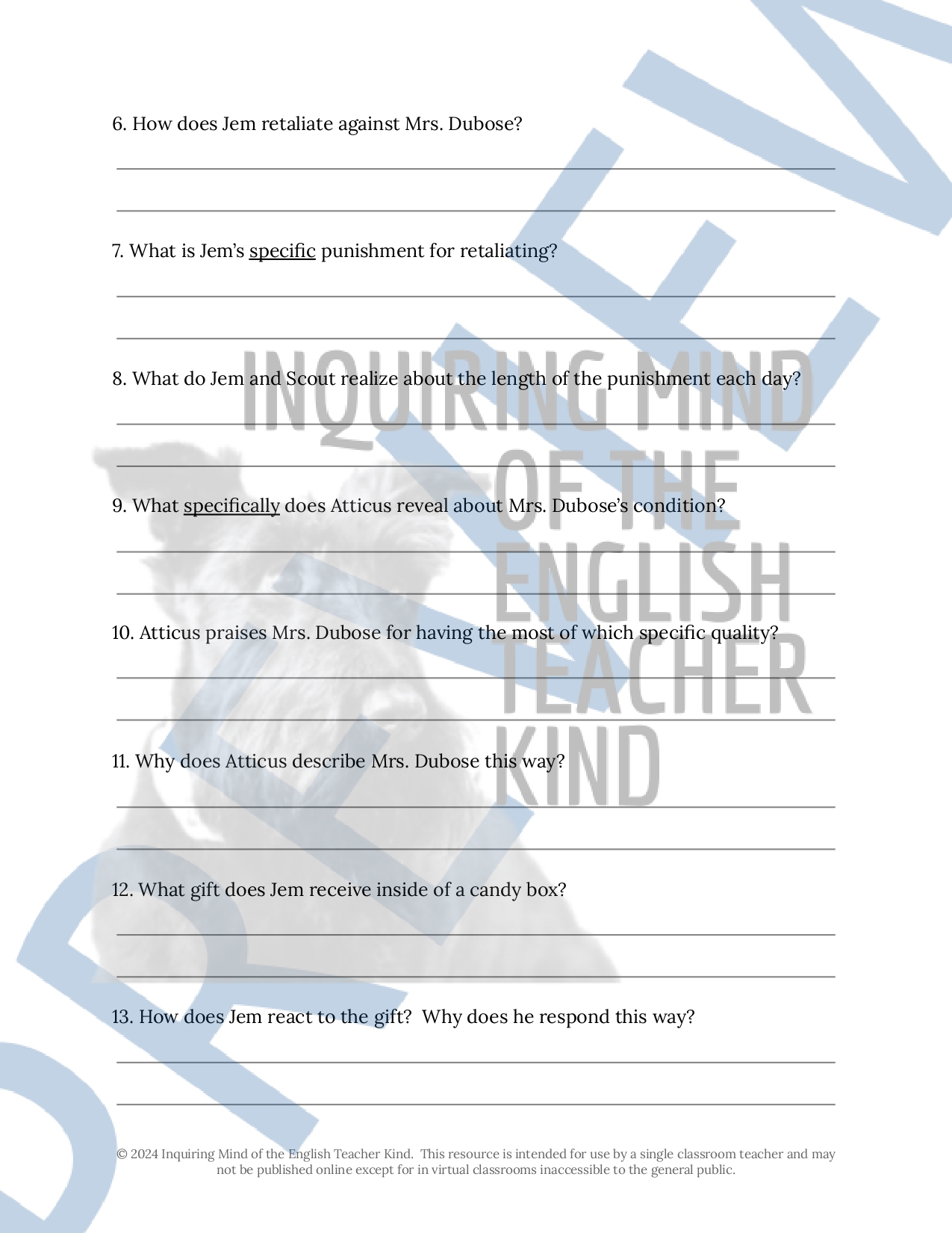 To Kill a Mockingbird Chapters 10-11 Quizzes, Inference Worksheets, and ...