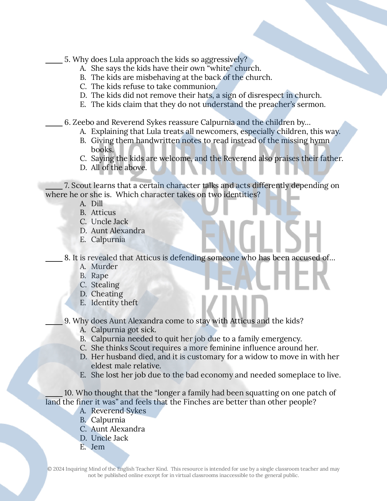 To Kill a Mockingbird Chapters 12-13 Quizzes, Inference Worksheets, and ...