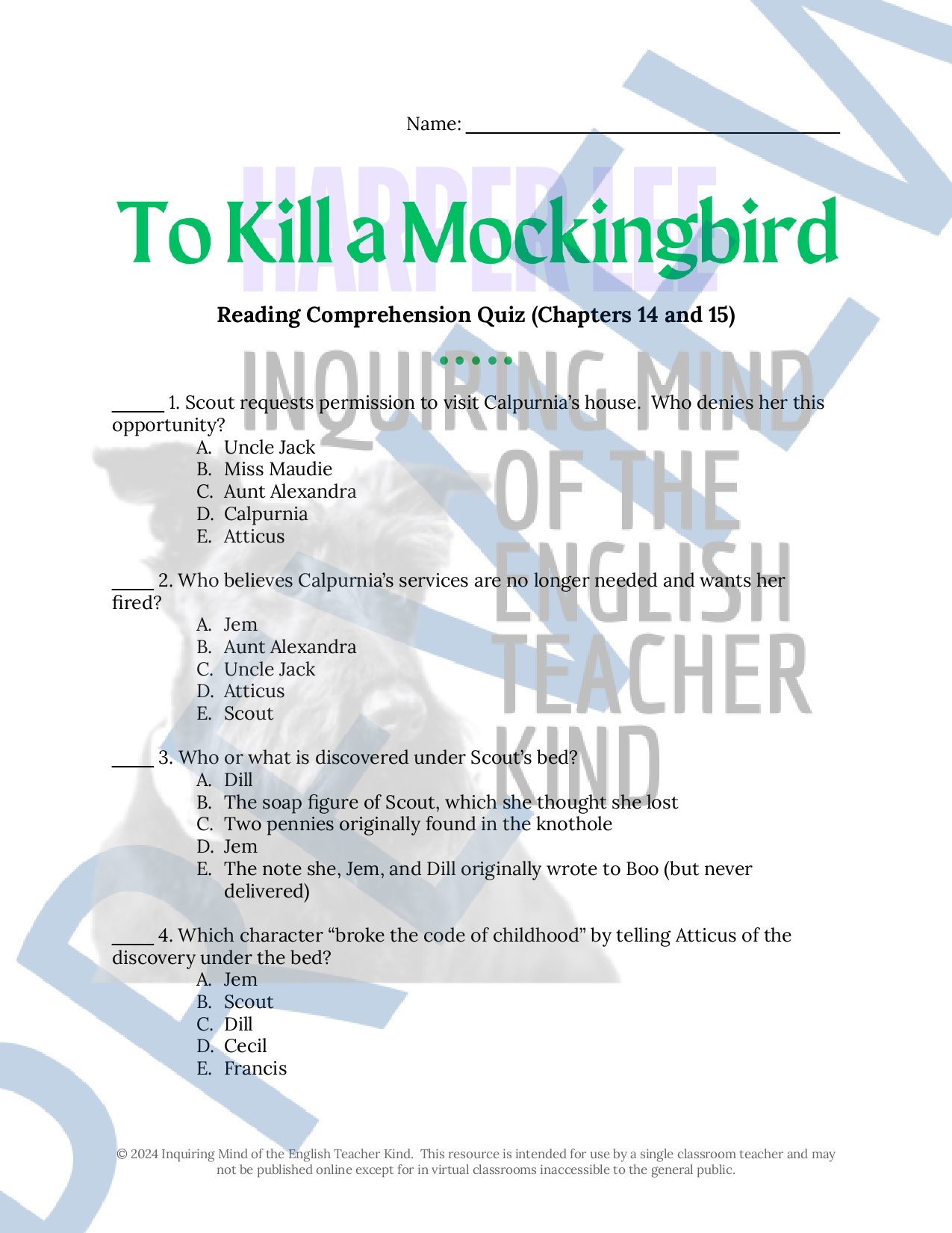 To Kill a Mockingbird Chapters 14-15 Quizzes, Inference Worksheets, and ...