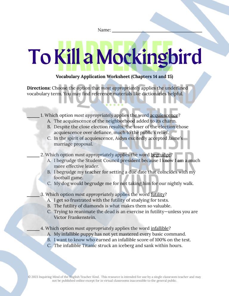 To Kill a Mockingbird Chapters 14-15 Quizzes, Inference Worksheets, and ...