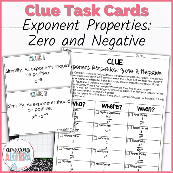 Exponent Properties 0 And Negative Clue Mystery Task Cards Activity ...
