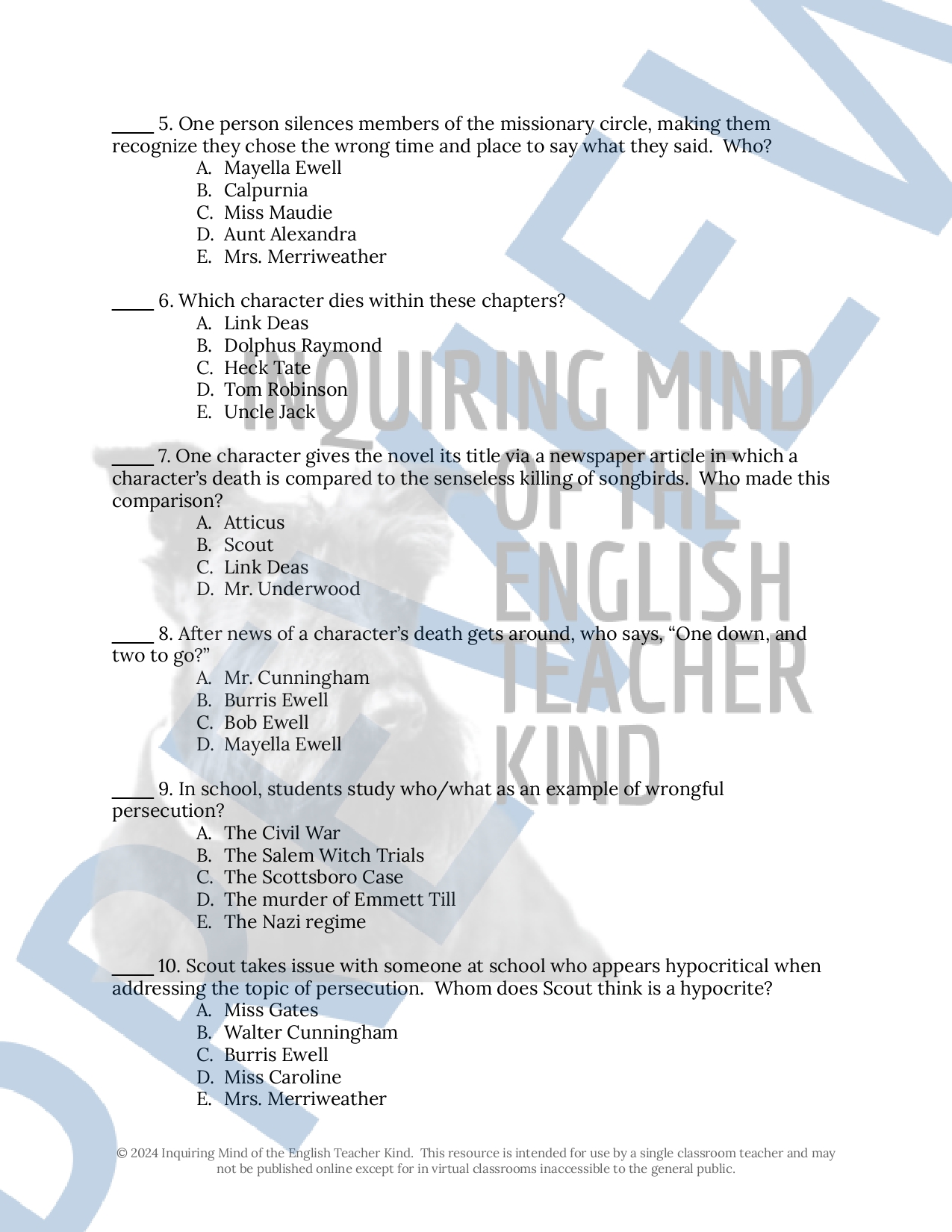 To Kill a Mockingbird Chapters 24-26 Quizzes, Inference Worksheets, and ...