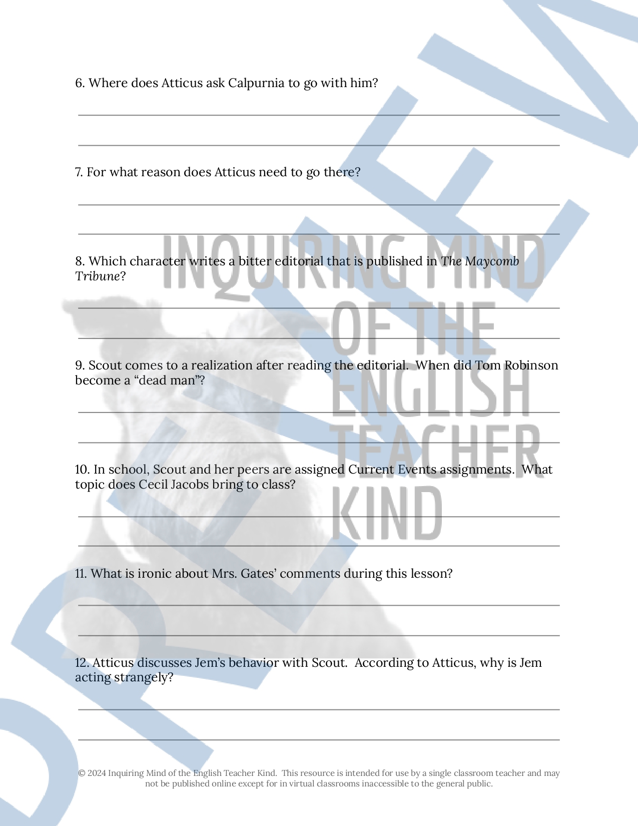 To Kill a Mockingbird Chapters 24-26 Quizzes, Inference Worksheets, and ...