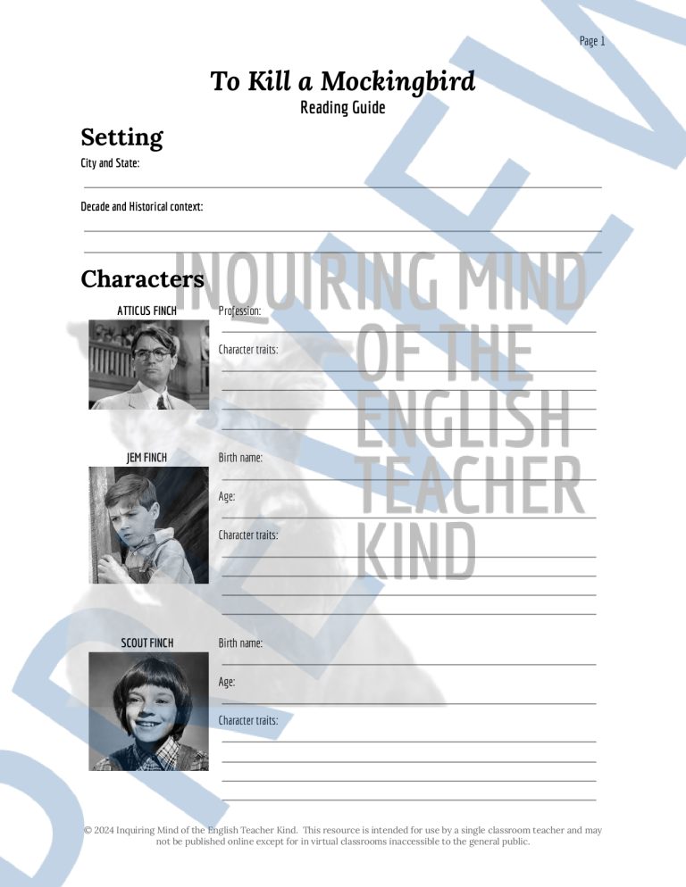 To Kill a Mockingbird Novel Study Guide with Answer Key for High School ...