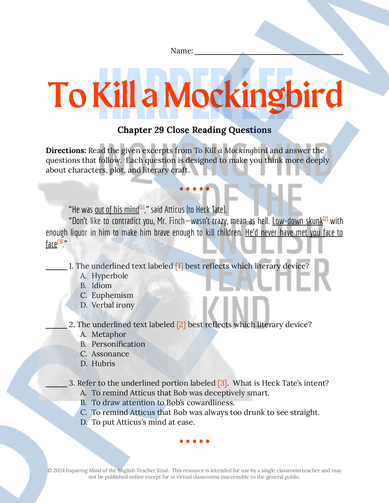 To Kill a Mockingbird Chapters 29-31 Quizzes, Inference Worksheets, and ...