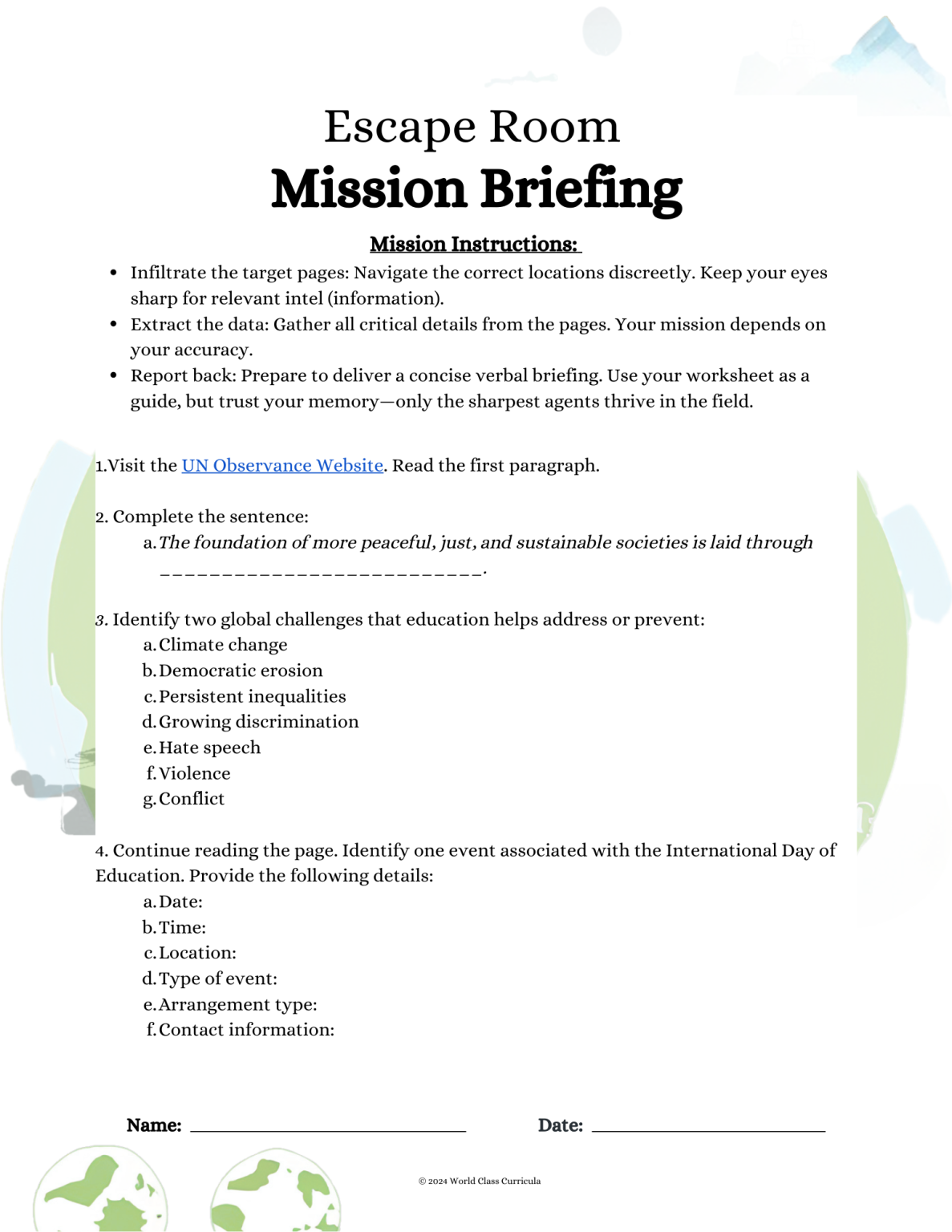 Escape Room Worksheet - International Day of Education | Made By Teachers