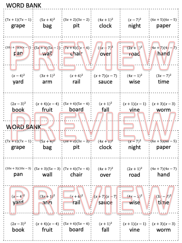 Factoring Special Pattern Quadratics Partner Mystery Word Puzzle | Made ...