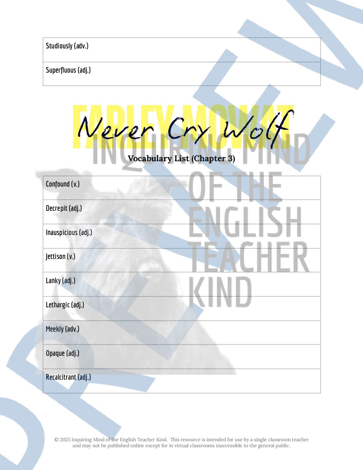 Never Cry Wolf by Farley Mowat Chapters 1 through 4 Vocabulary Games ...