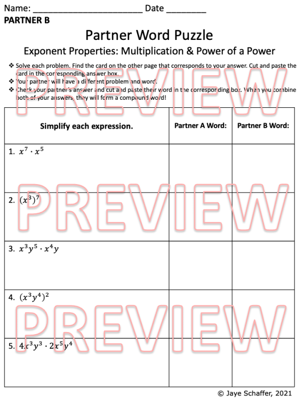Exponent Properties Multiplication & Power Rule Partner Mystery Word ...