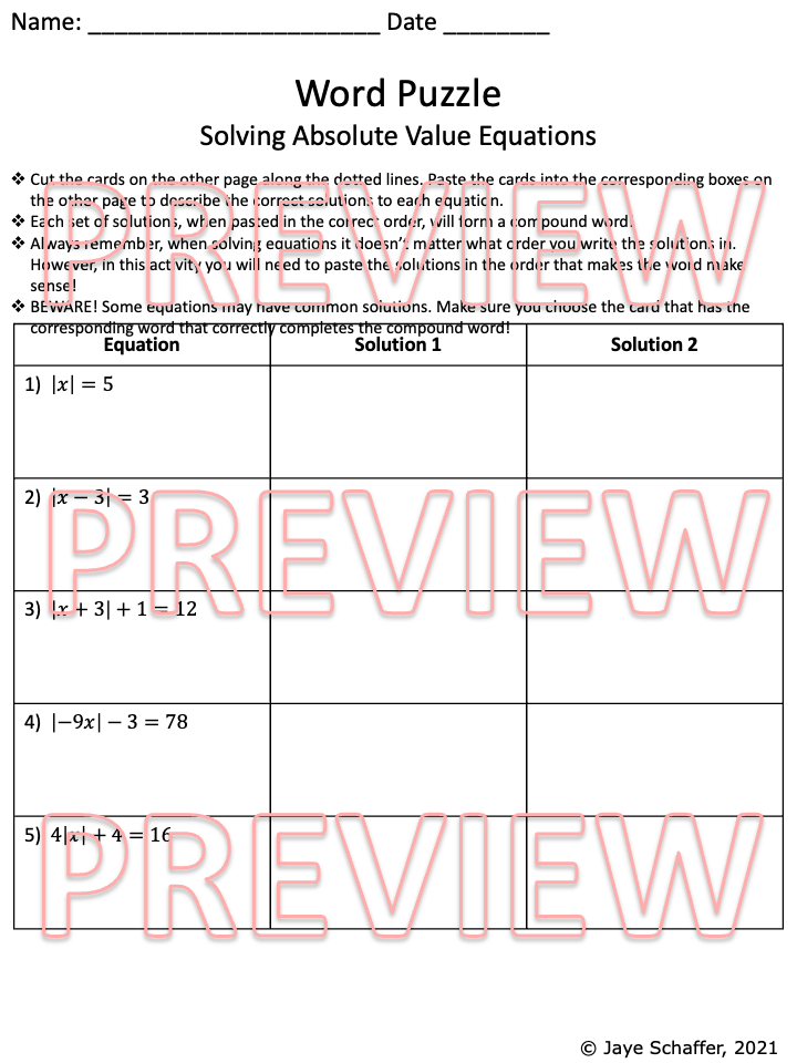 Solving Absolute Value Equations Mystery Word Puzzle | Made By Teachers
