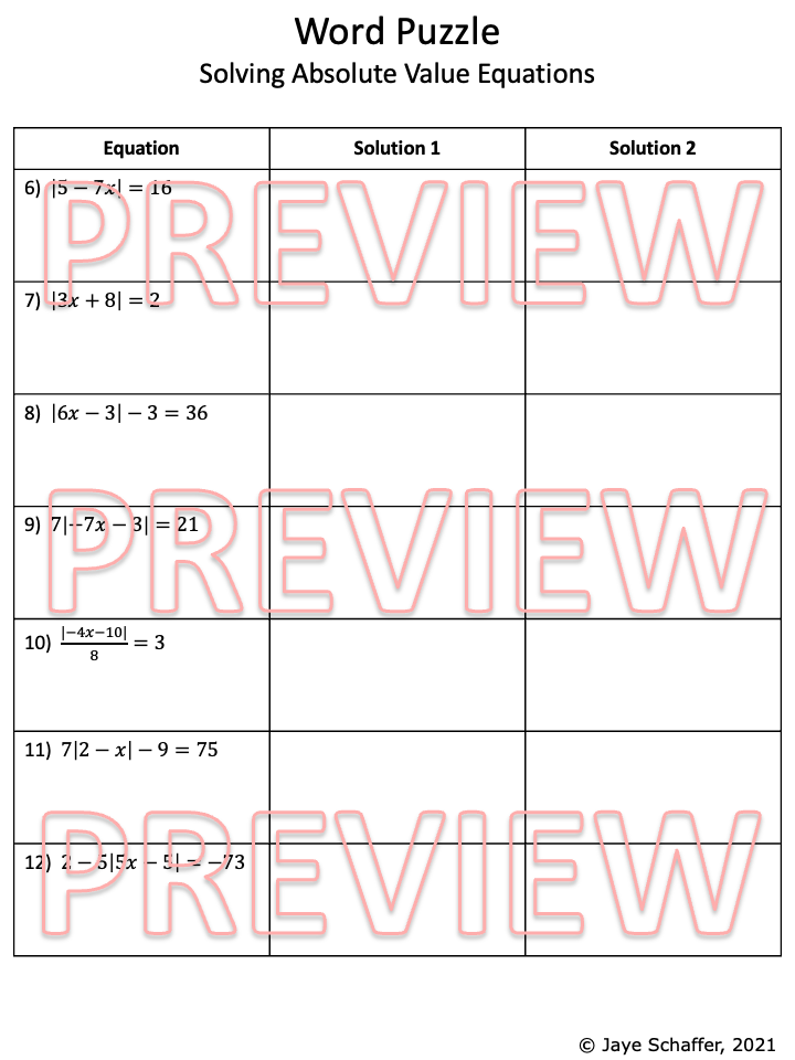 Solving Absolute Value Equations Mystery Word Puzzle | Made By Teachers