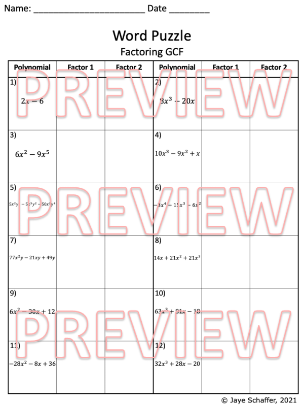 Factoring GCF Mystery Word Puzzle - Made By Teachers
