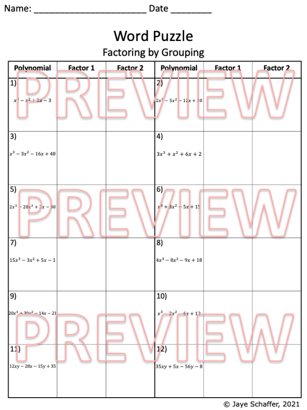 Factoring by Grouping Mystery Word Puzzle - Made By Teachers
