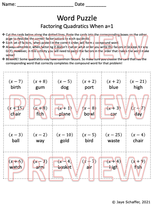 Factoring Quadratics when a=1 Mystery Word Puzzle - Made By Teachers