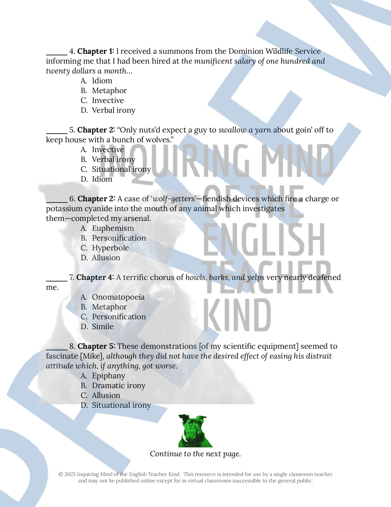Never Cry Wolf by Farley Mowat Literary Device Worksheets and Answer ...