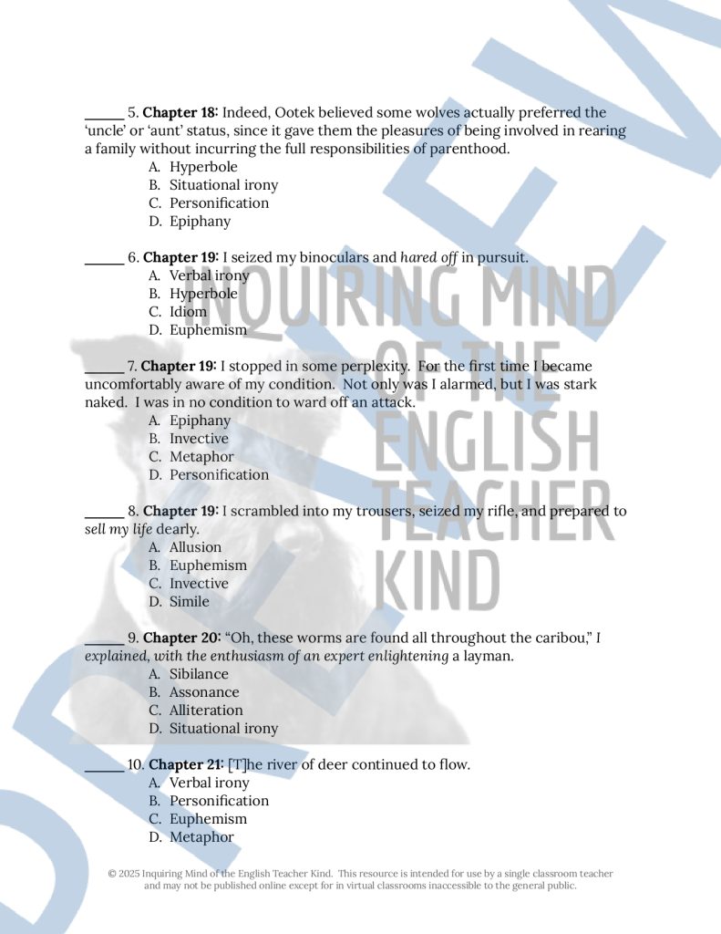 Never Cry Wolf by Farley Mowat Literary Device Worksheets and Answer ...