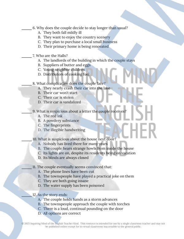 "The Summer People" by Shirley Jackson Quiz and Answer Key (Short Story ...
