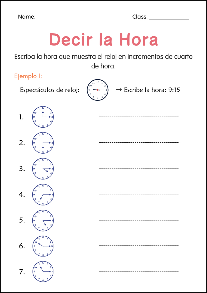 Telling Time to the Hour Worksheet in spanish - Hoja de trabajo Decir ...
