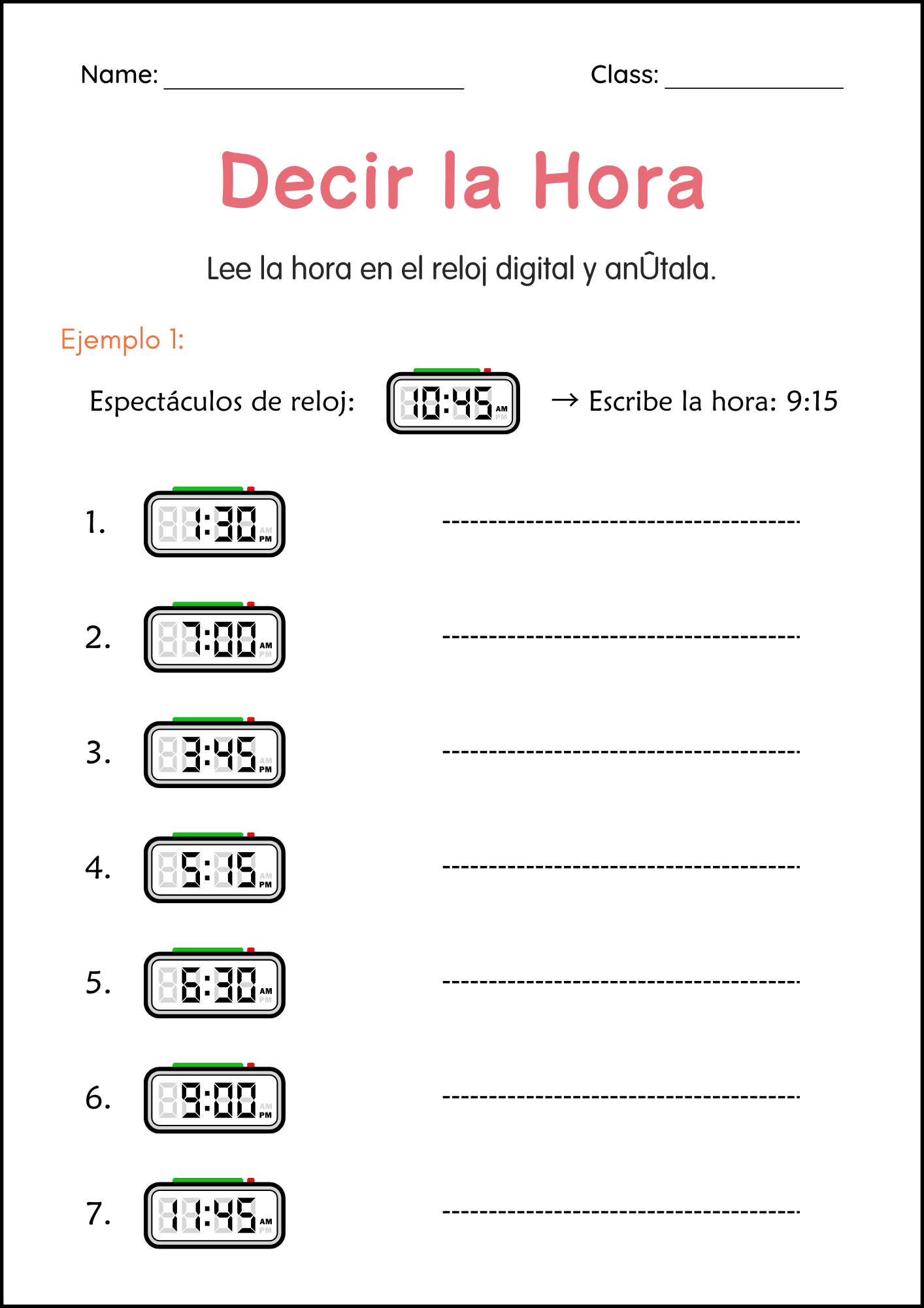 Telling Time to the Hour Worksheet in spanish - Hoja de trabajo Decir ...