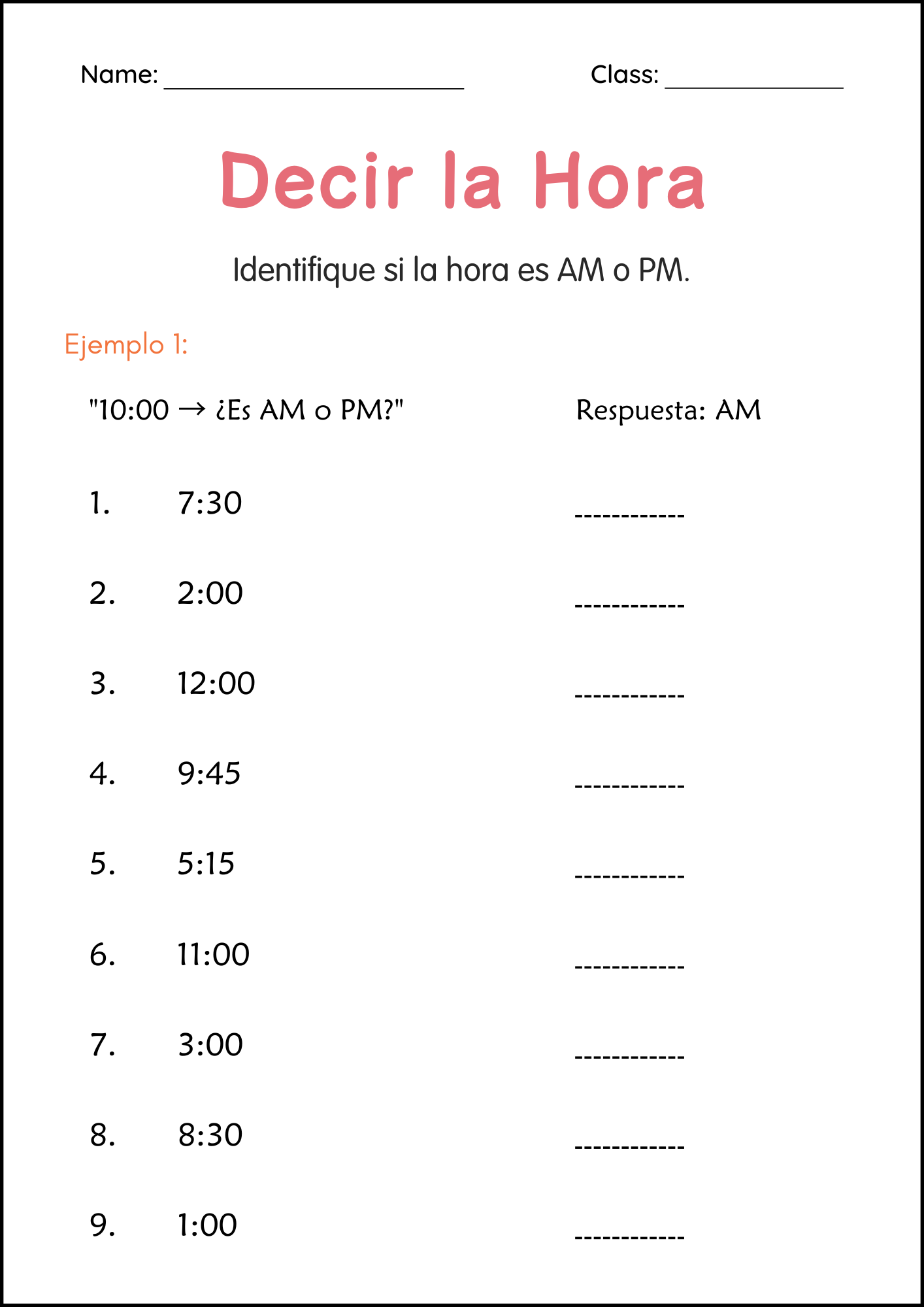Telling Time to the Hour Worksheet in spanish - Hoja de trabajo Decir ...
