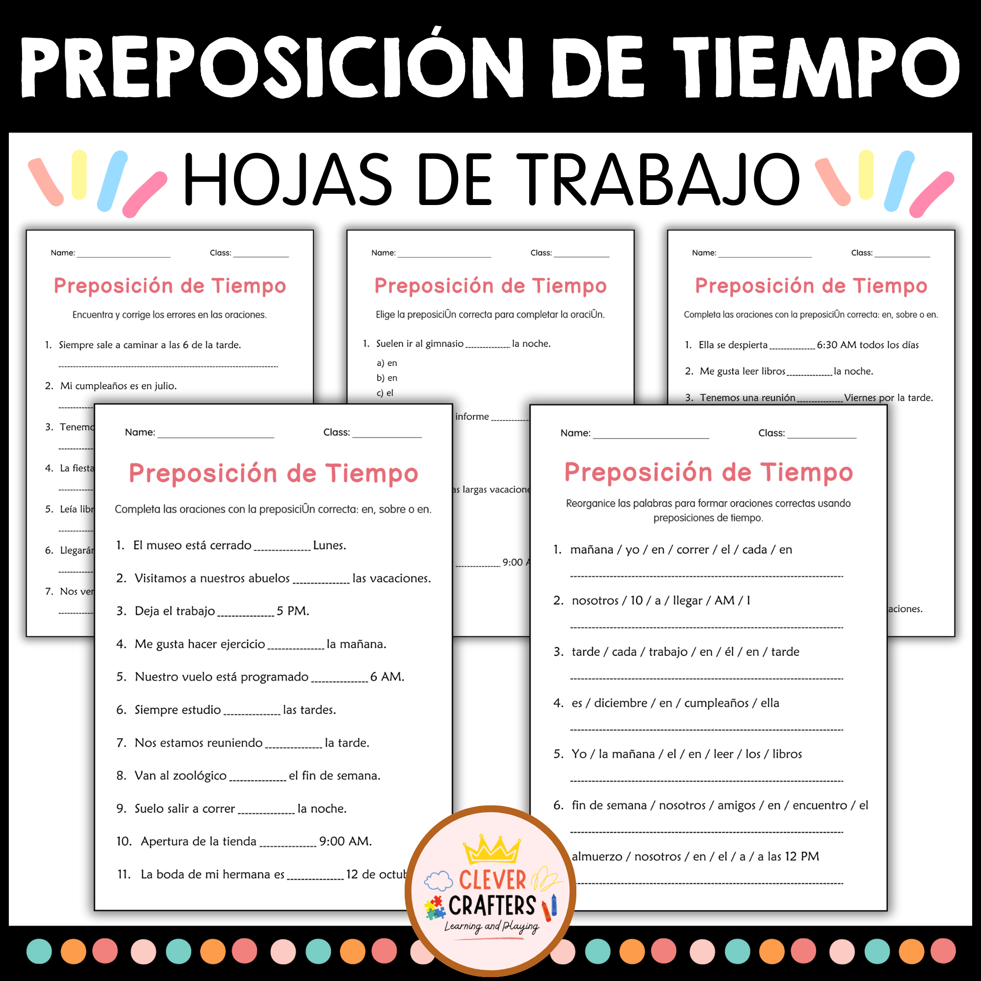 Preposition of Time Worksheet in Spanish - Preposición de tiempo para ...