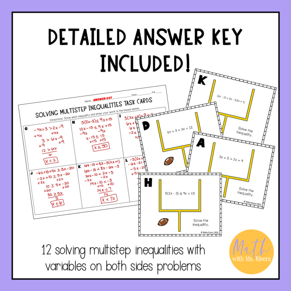Solving Multi Step Inequalities Variables Both Side Football Task Cards ...