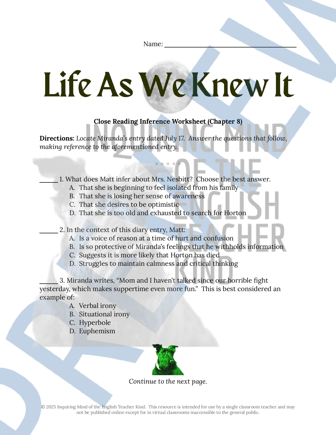 Life As We Knew It Chapters 8 through 10 Quizzes and Inference ...