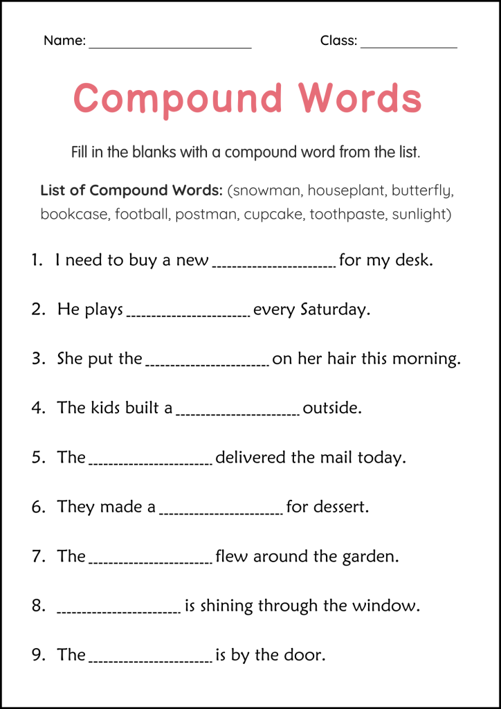 Printable Compound Words Grammar Worksheets and Activities for Grade 1 ...