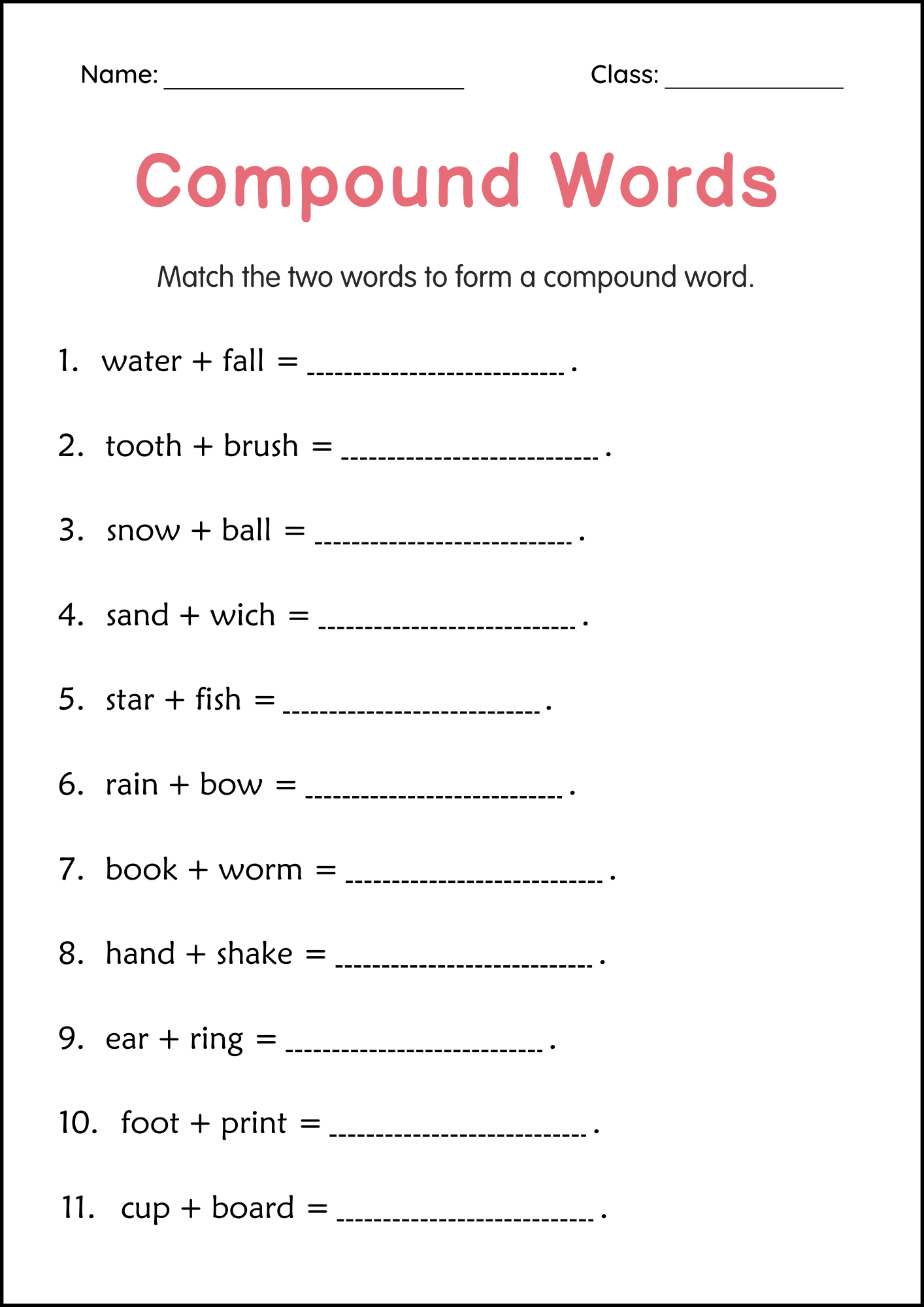 Printable Compound Words Grammar Worksheets and Activities for Grade 1 ...