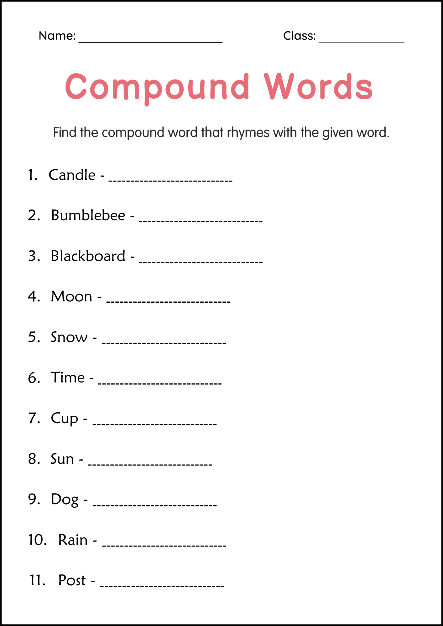 Printable Compound Words Grammar Worksheets and Activities for Grade 1 ...