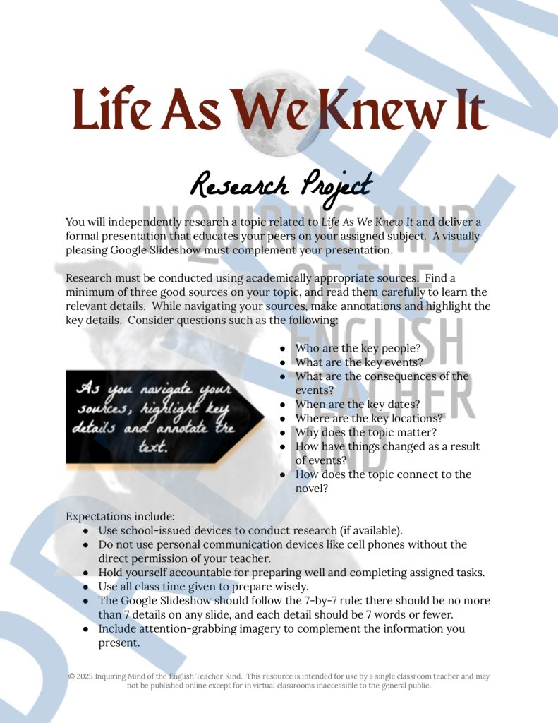 Life As We Knew It Quizzes, Inference Worksheets, Research Project, and ...