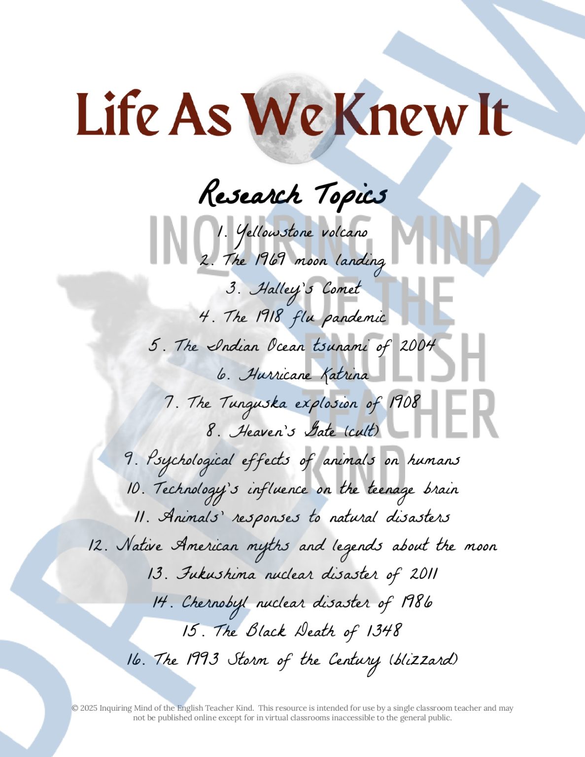Life As We Knew It Quizzes, Inference Worksheets, Research Project, and ...