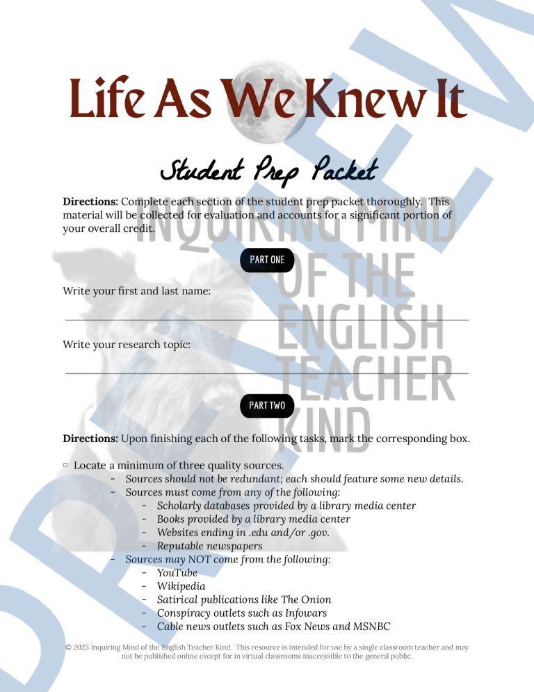 Life As We Knew It Quizzes, Inference Worksheets, Research Project, and ...