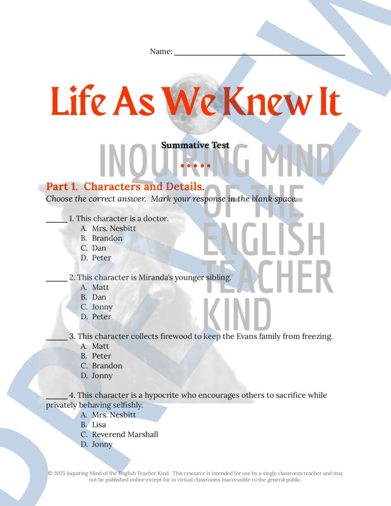 Life As We Knew It Quizzes, Inference Worksheets, Research Project, and ...