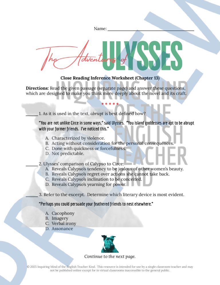 The Adventures of Ulysses Chapter 13 Close Reading Inference Worksheet ...
