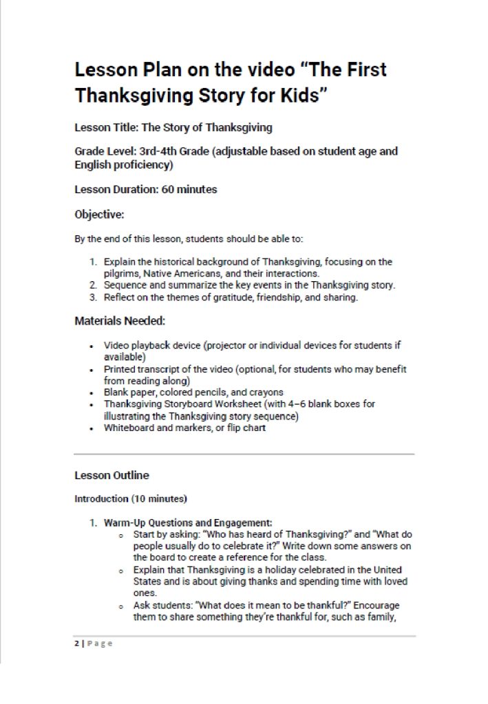 Lesson Plan on the video 'The First Thanksgiving Story for Kids' - Made ...