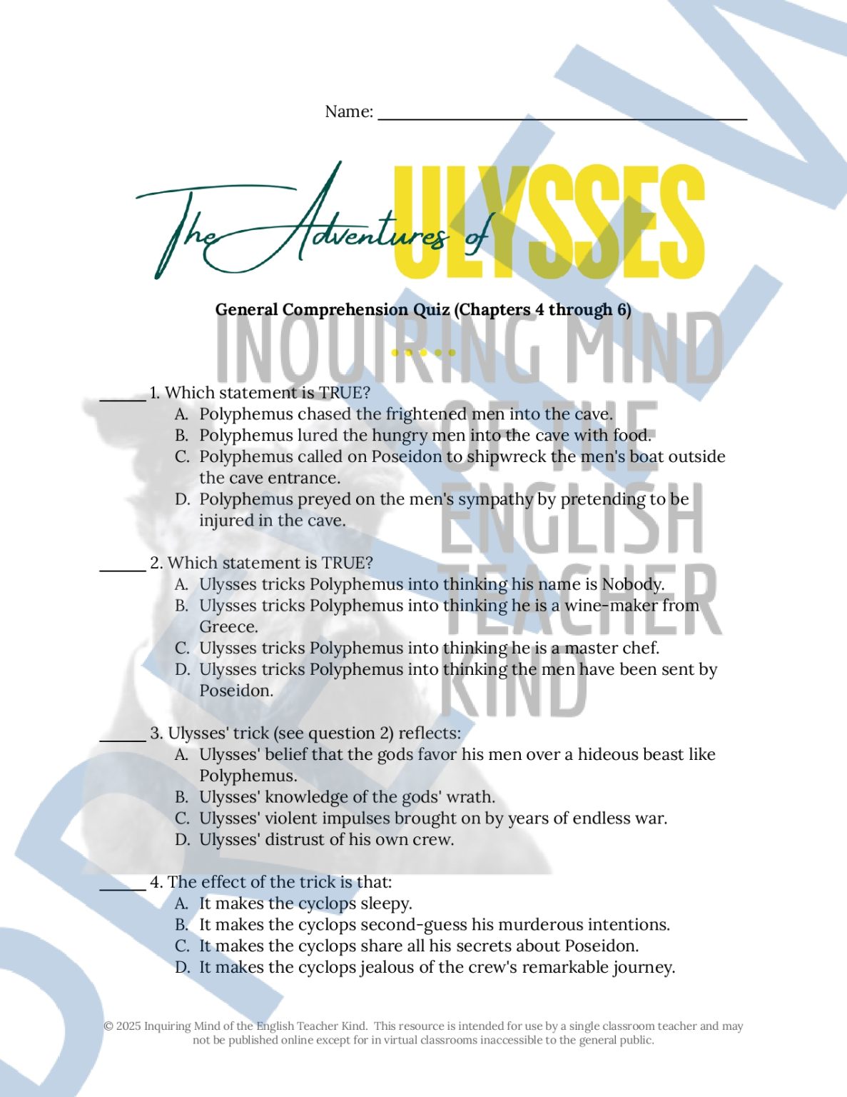 Adventures of Ulysses Chapters 4-6 Quiz, Inference Worksheet, and ...