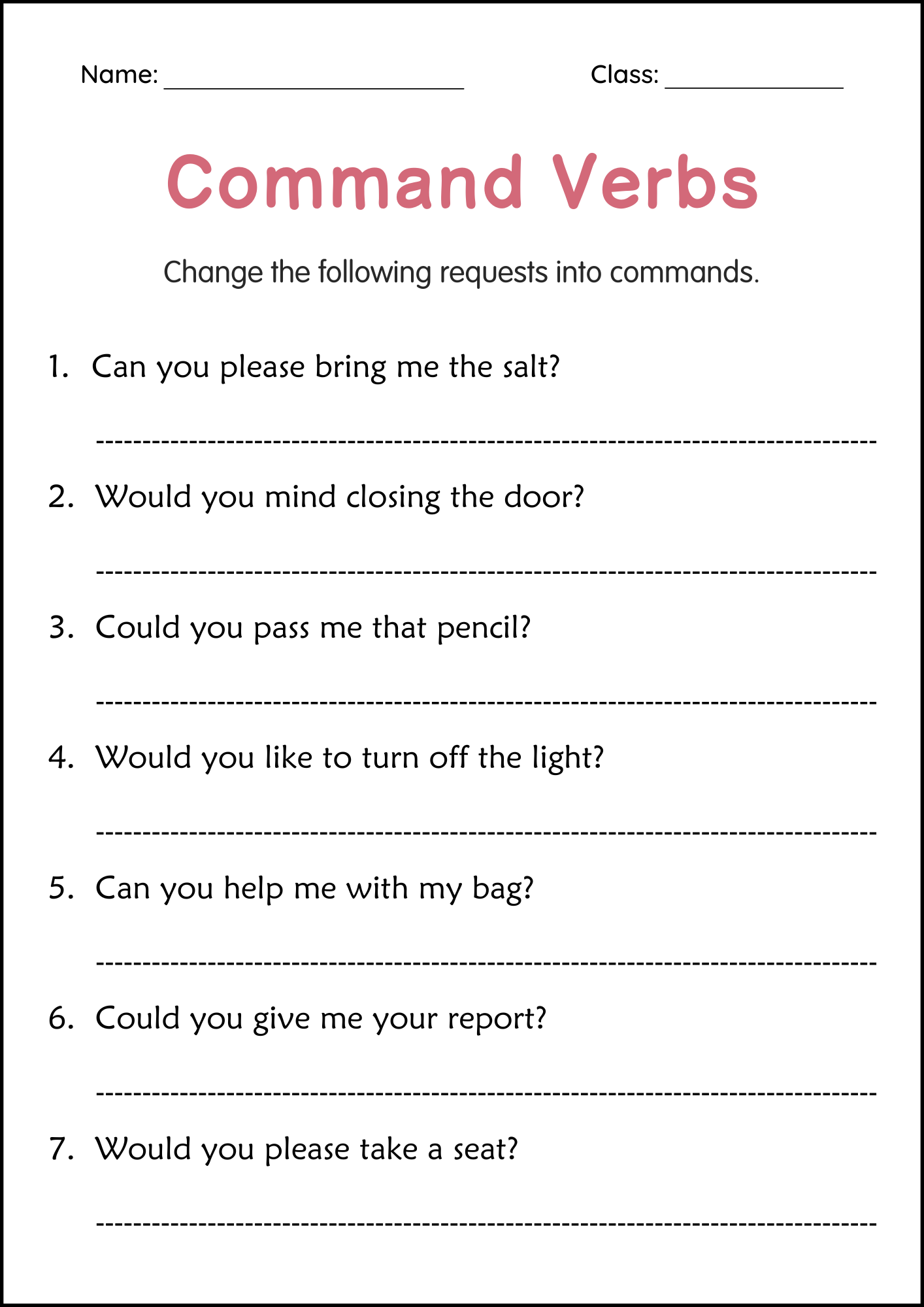 Imperatives Command Verbs Grammar Practice Activity Worksheet for Grade ...