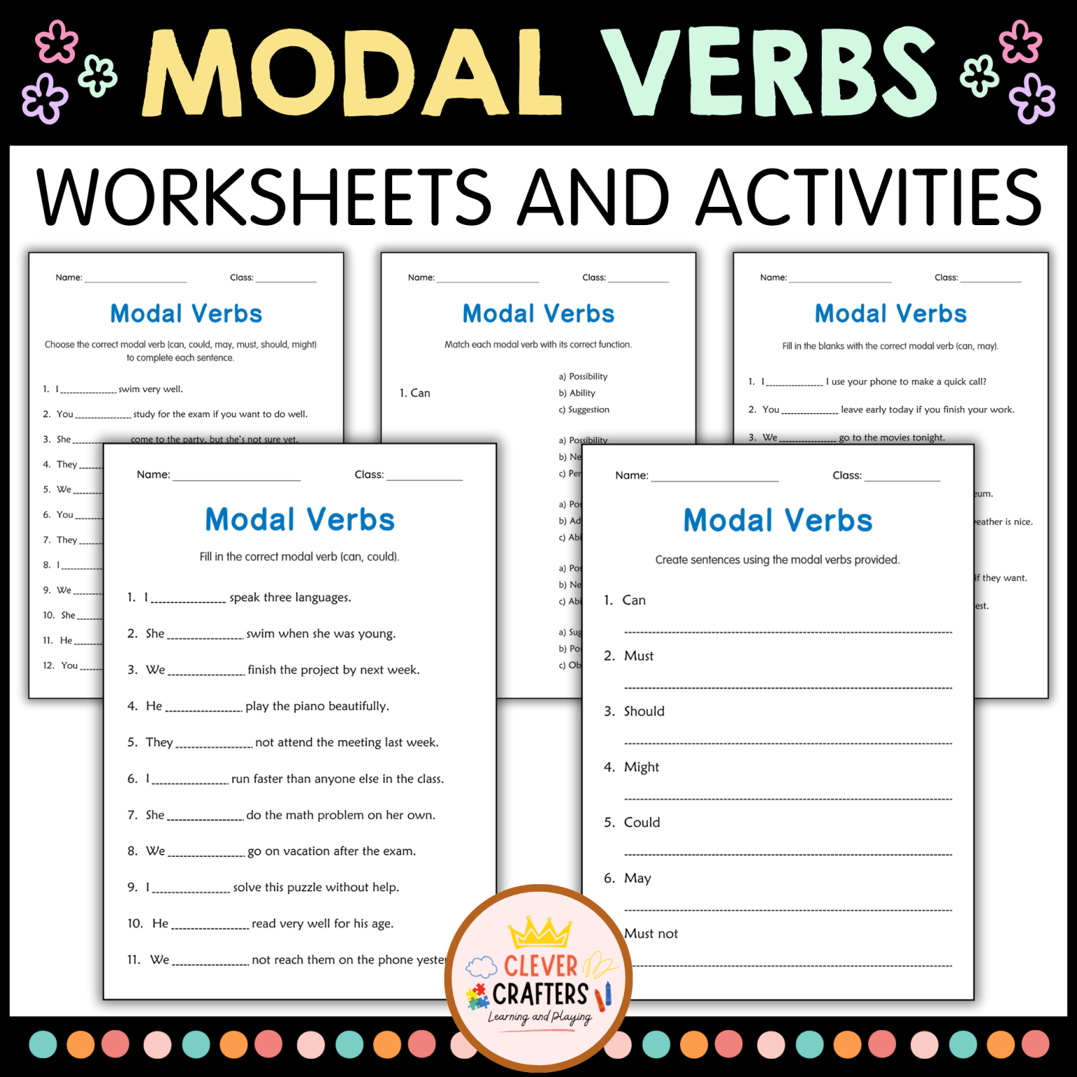 Modal Verbs Grammar Activities Worksheets for Grade 1, 2, 3 | Made By ...