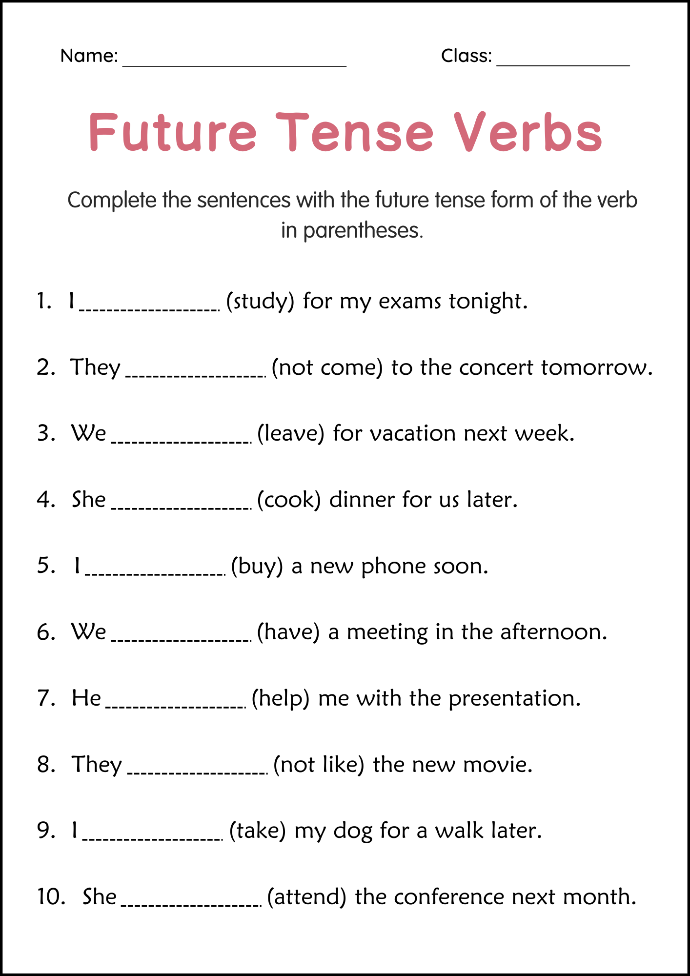 Printable Simple Future Tense Verbs Grammar Worksheets for Grade 2, 3 ...