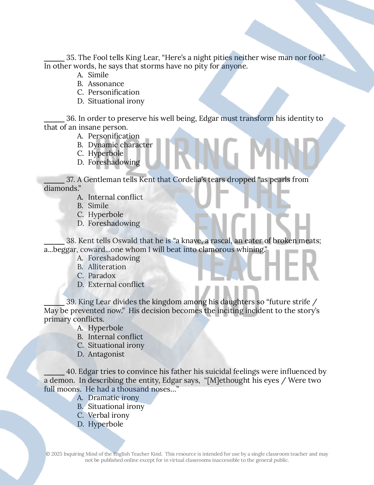 King Lear Test and Answer Key with Thematic Analysis Essay and Rubric ...
