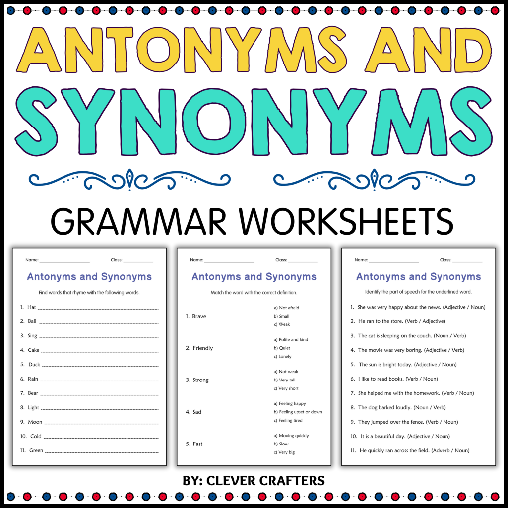 Printable Synonyms and Antonyms Grammar Worksheet for Grade 1, 2, 3 ...