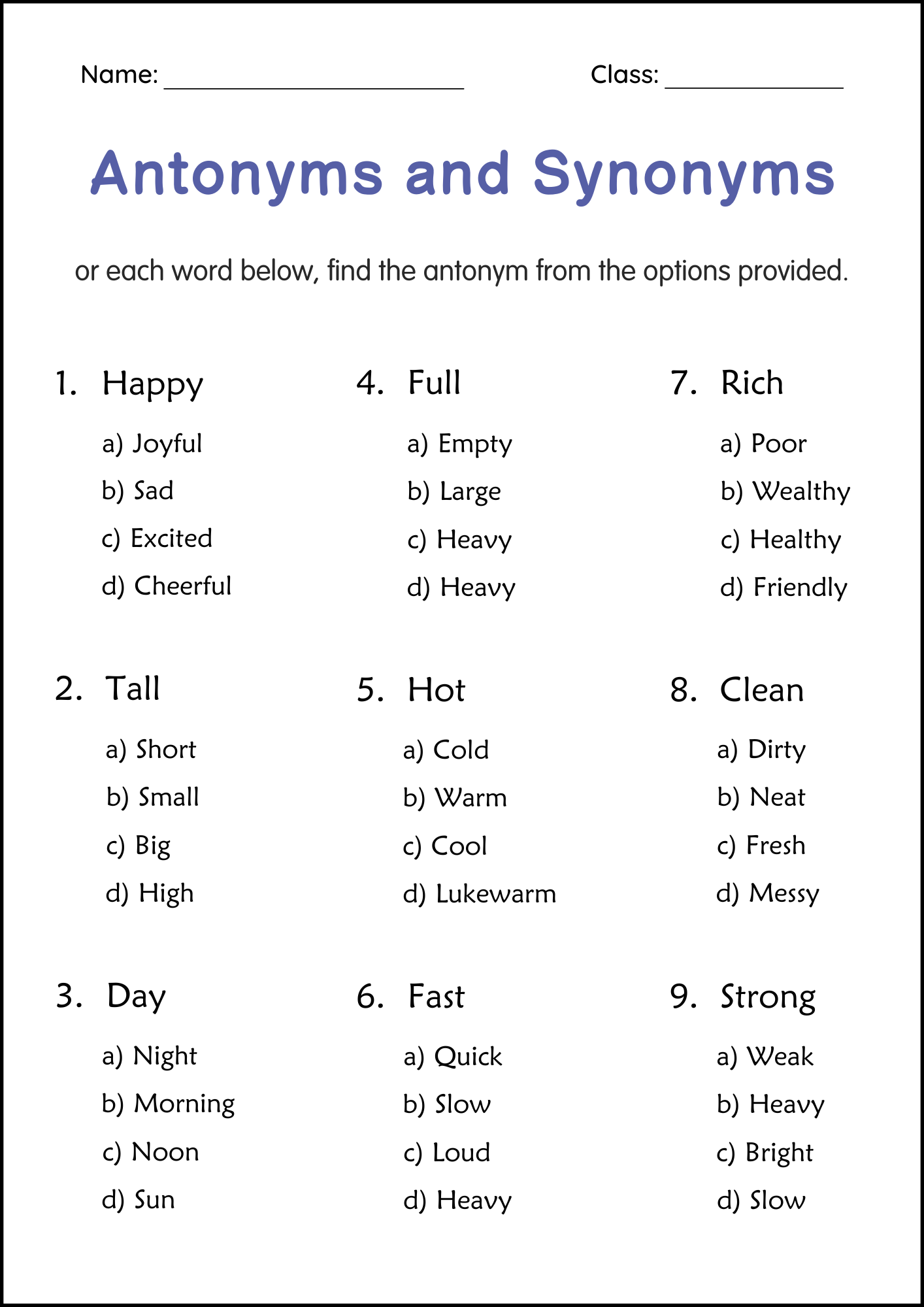 Printable Synonyms and Antonyms Grammar Worksheet for Grade 1, 2, 3 ...