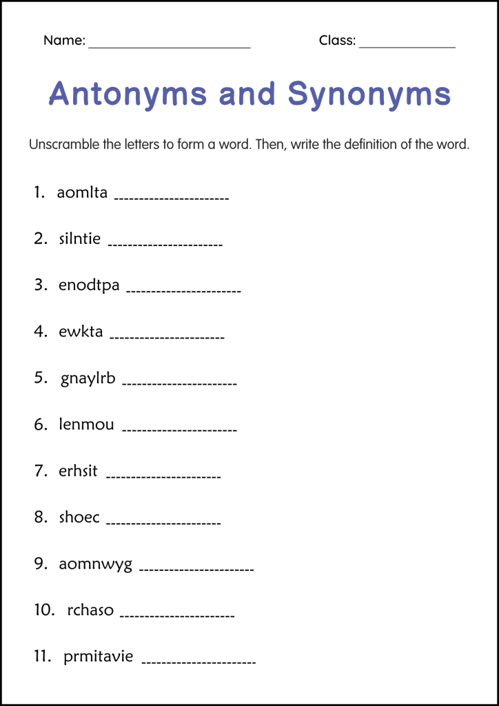 Printable Synonyms and Antonyms Grammar Worksheet for Grade 1, 2, 3 ...