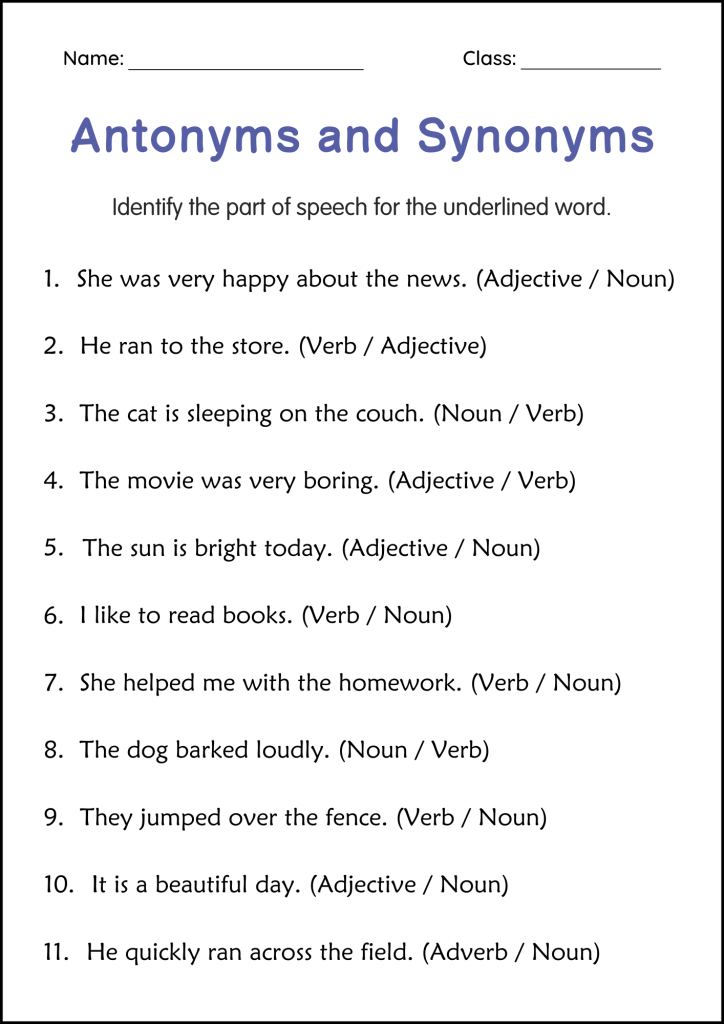 Printable Synonyms and Antonyms Grammar Worksheet for Grade 1, 2, 3 ...
