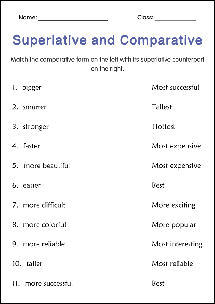 Superlative and Comparative Adjective Grammar Worksheets for Grade 2, 3 ...