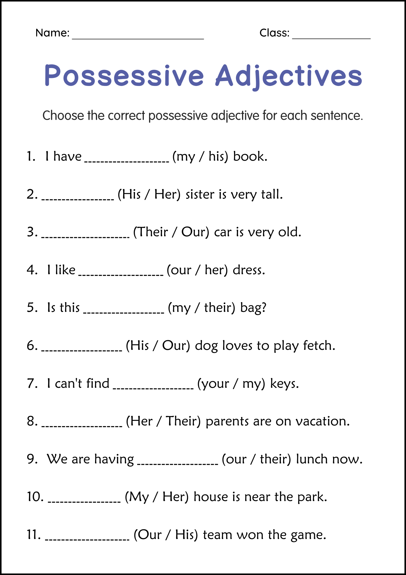 Possessive Adjectives Grammar Activity Worksheets for Grade 2, 3, 4 ...