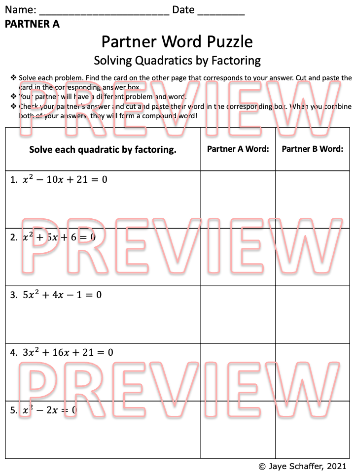 Solving Quadratics by Factoring Partner Mystery Word Puzzle | Made By ...