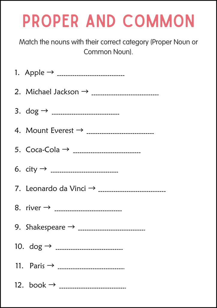 Proper Nouns and Common Nouns Grammar Practice Worksheets for Grade 1 ...