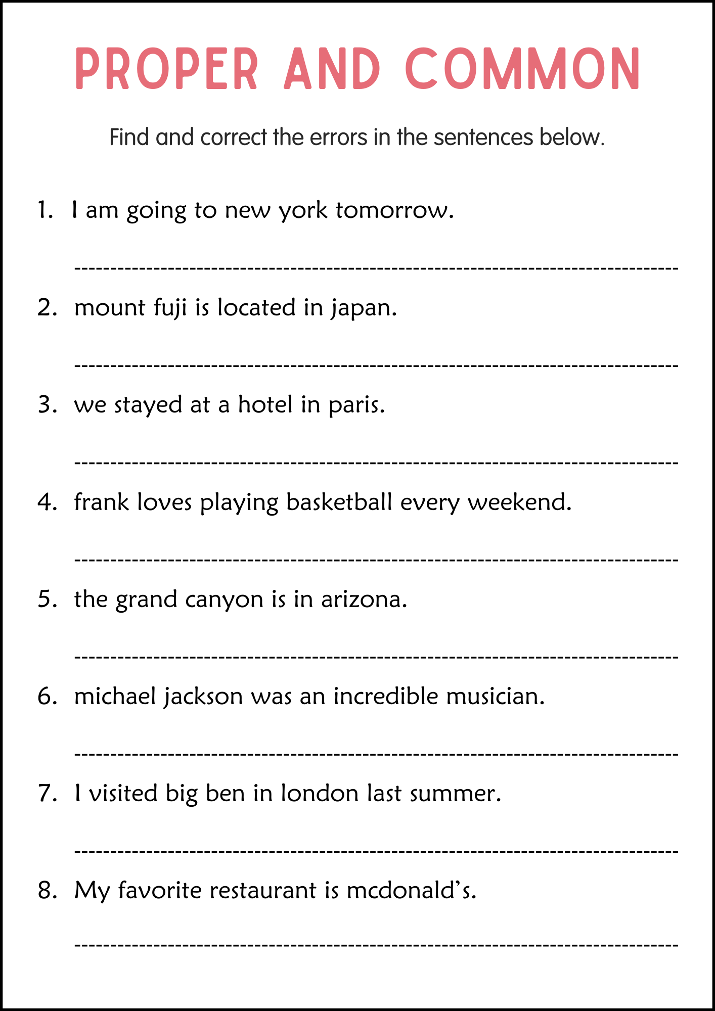 Proper Nouns and Common Nouns Grammar Practice Worksheets for Grade 1 ...
